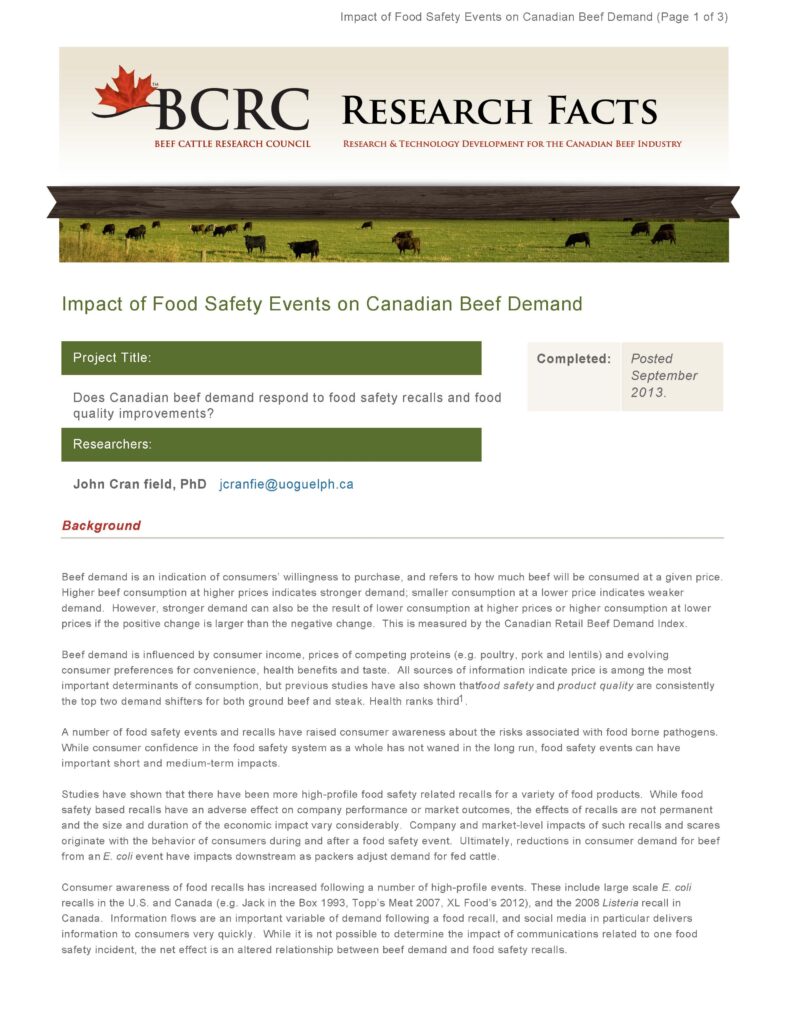 The Impact of Food Safety Recalls on Canadian Beef Demand - BeefResearch.ca